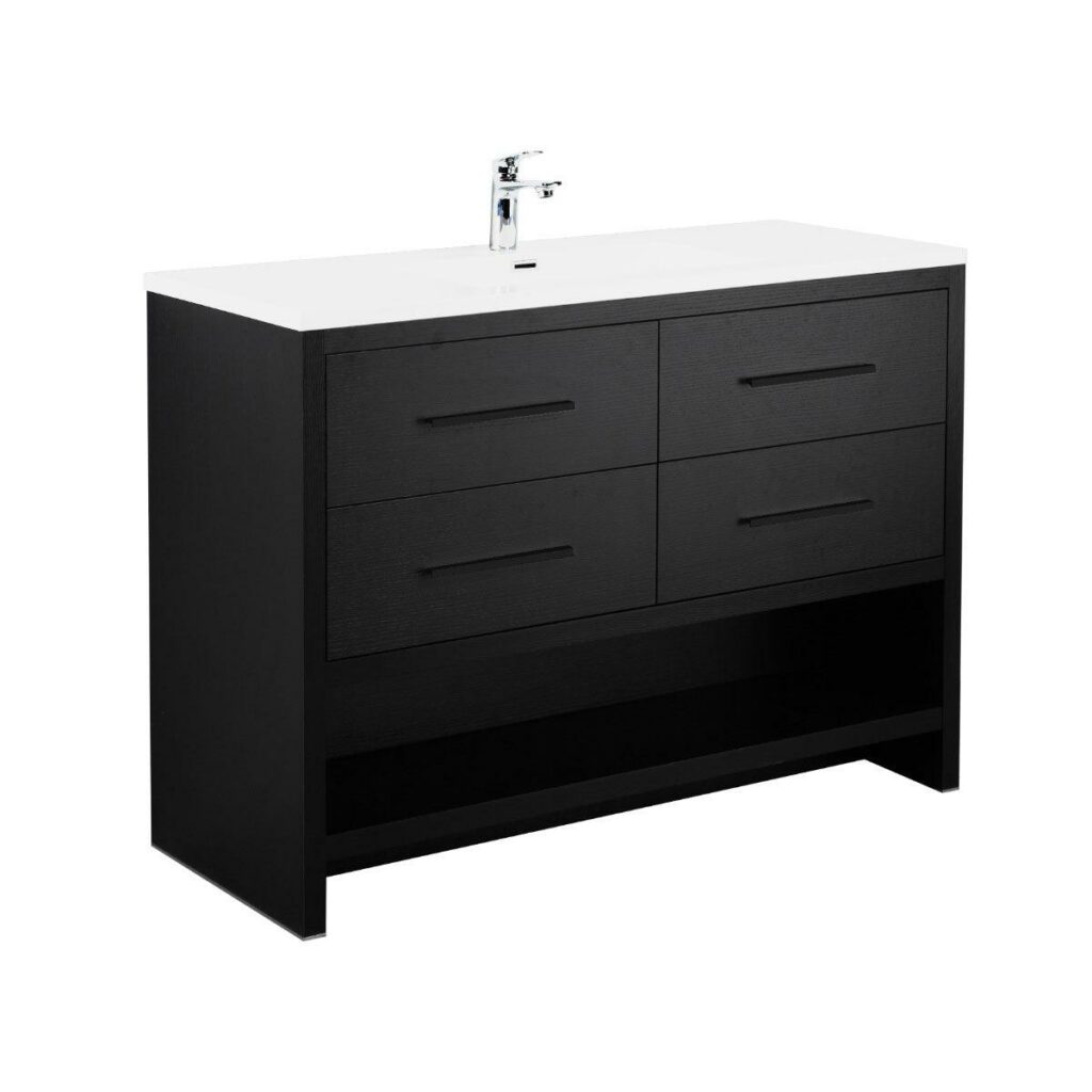 48″ Black Rough Oak Freestanding Bathroom Vanity with White Polymarble ...