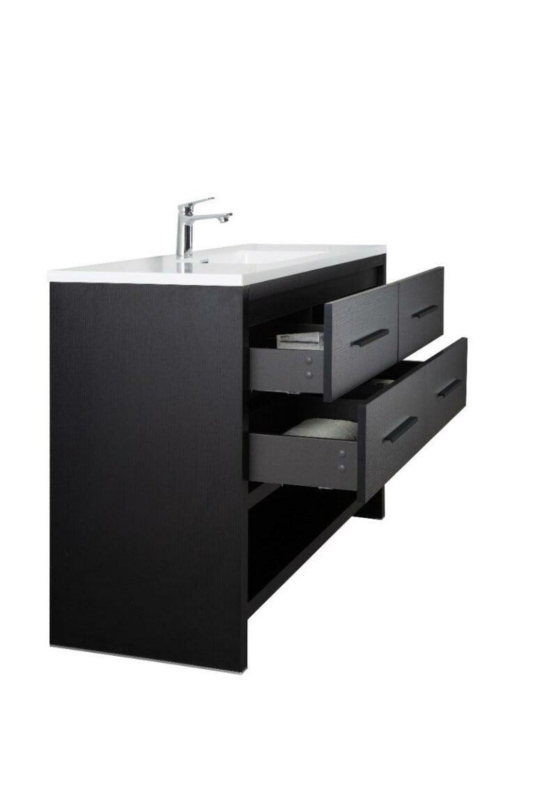 48″ Black Rough Oak Freestanding Bathroom Vanity with White Polymarble ...
